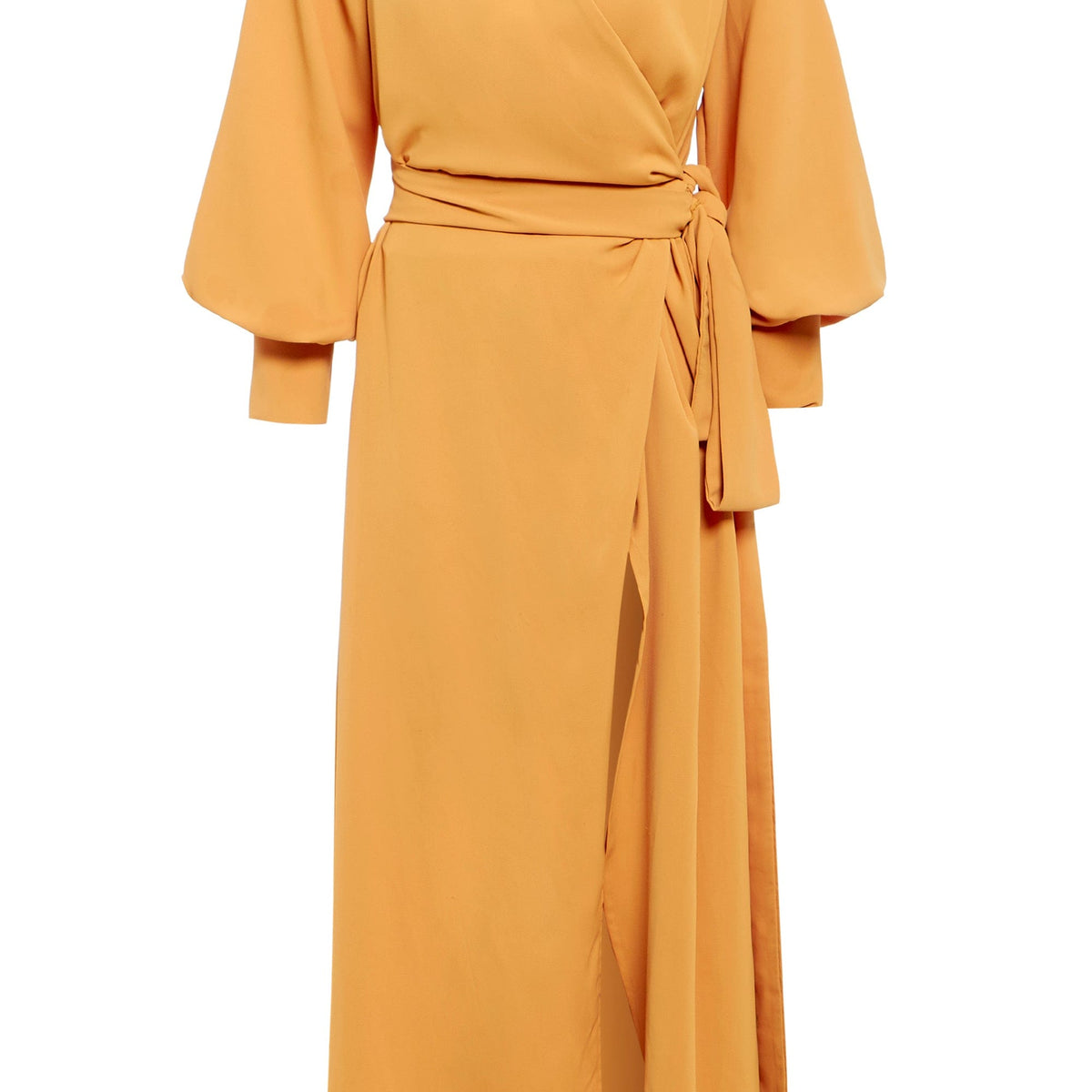Mustard Wrap Dress With Tie Waist & Balloon Sleeves By Sarvin